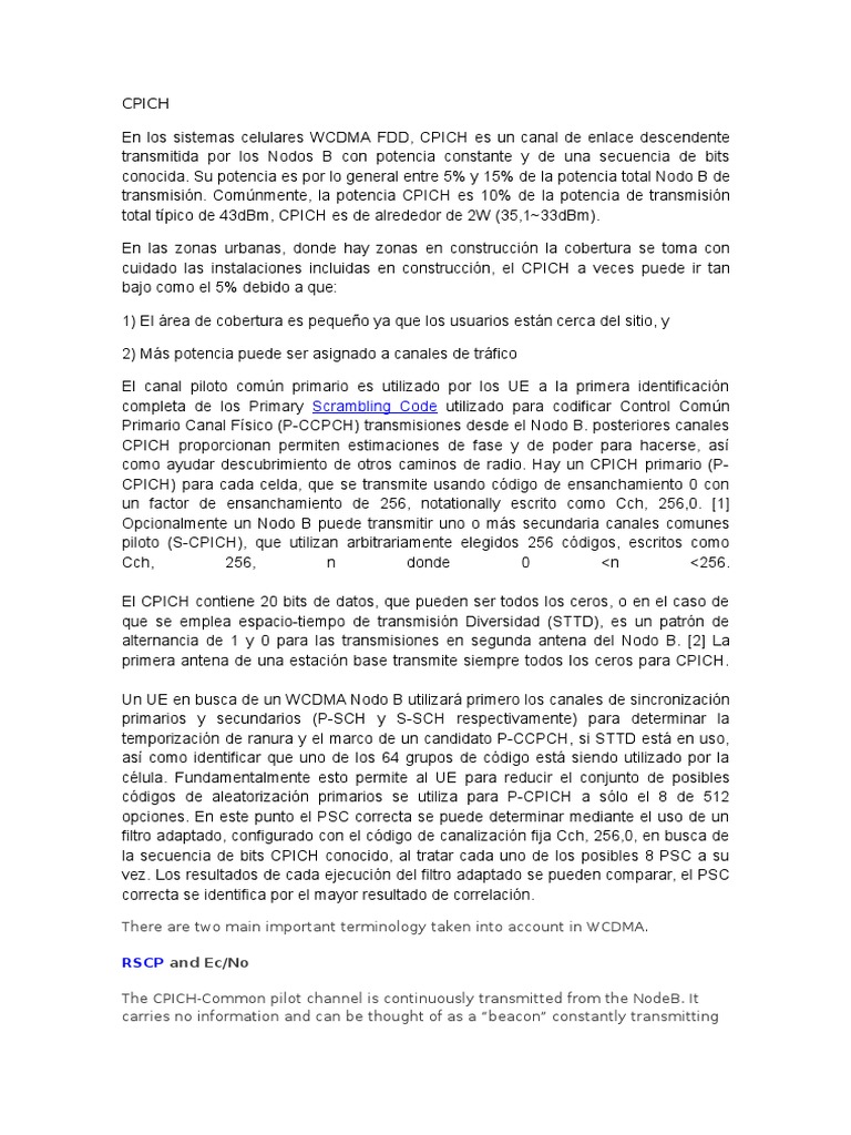 CPICH | PDF | Ingeniería en telecomunicaciones | Telecomunicaciones