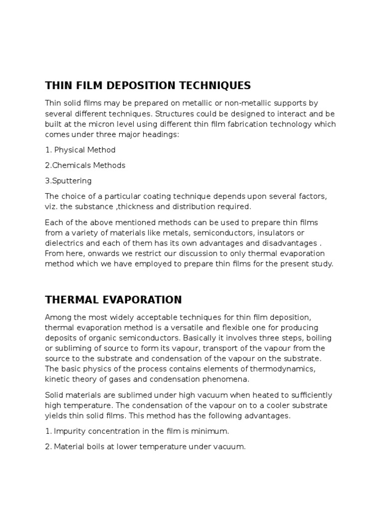 Thin Film Deposition Techniques | PDF | Thin Film | Vacuum