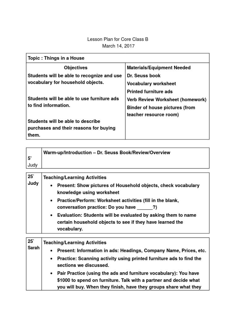 Things in A House | PDF | Vocabulary | Lesson Plan
