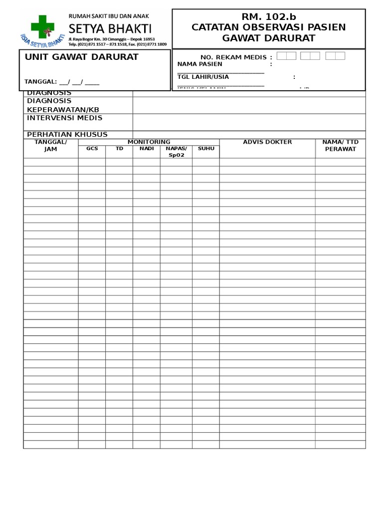 Catatan Observasi Ugd (Rm102b) | PDF