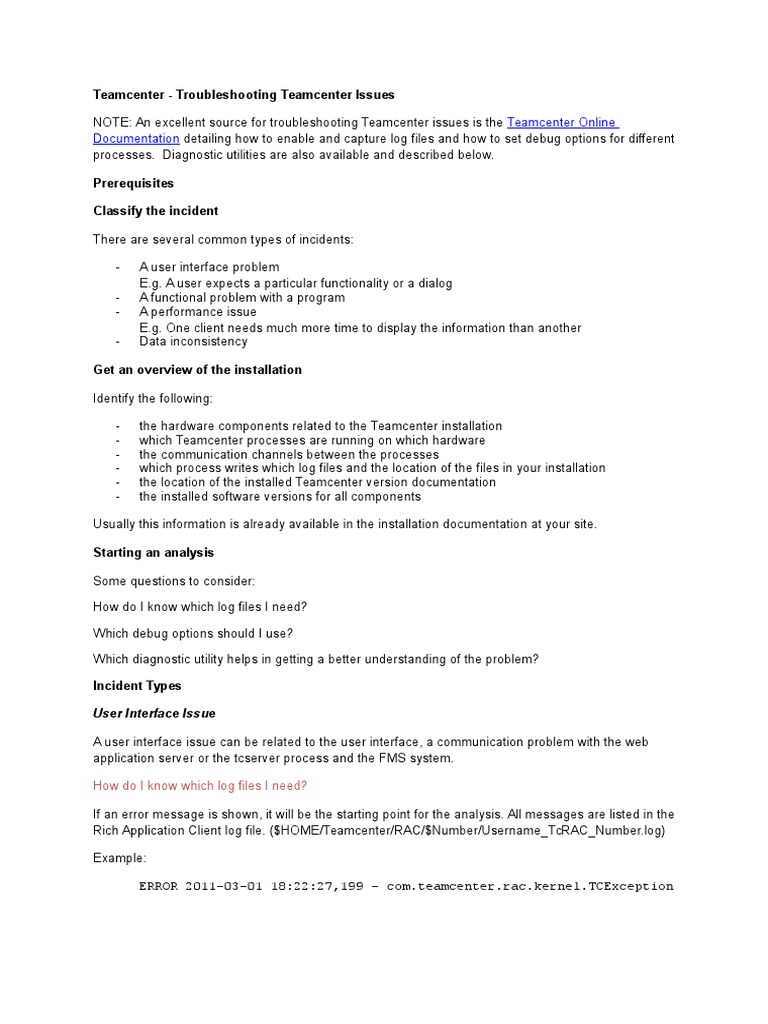 Troubleshooting Teamcenter Issues Guide | PDF | Debugging | Documentation