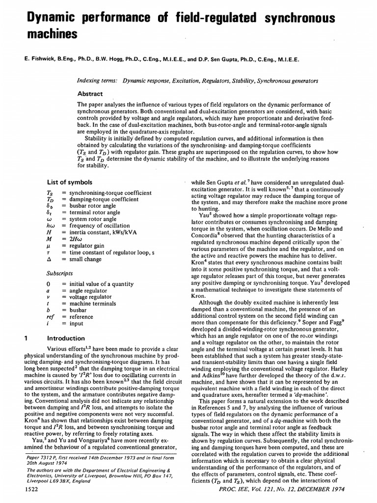 Dynamic Performance of Field-Regulated Synchronous Machines | PDF ...