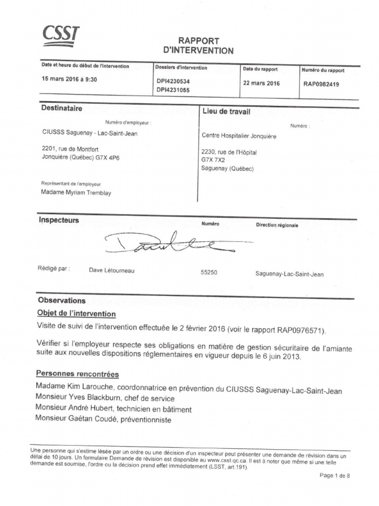 Rapport d'intervention de la CNESST au Centre Hospitalier Jonquière