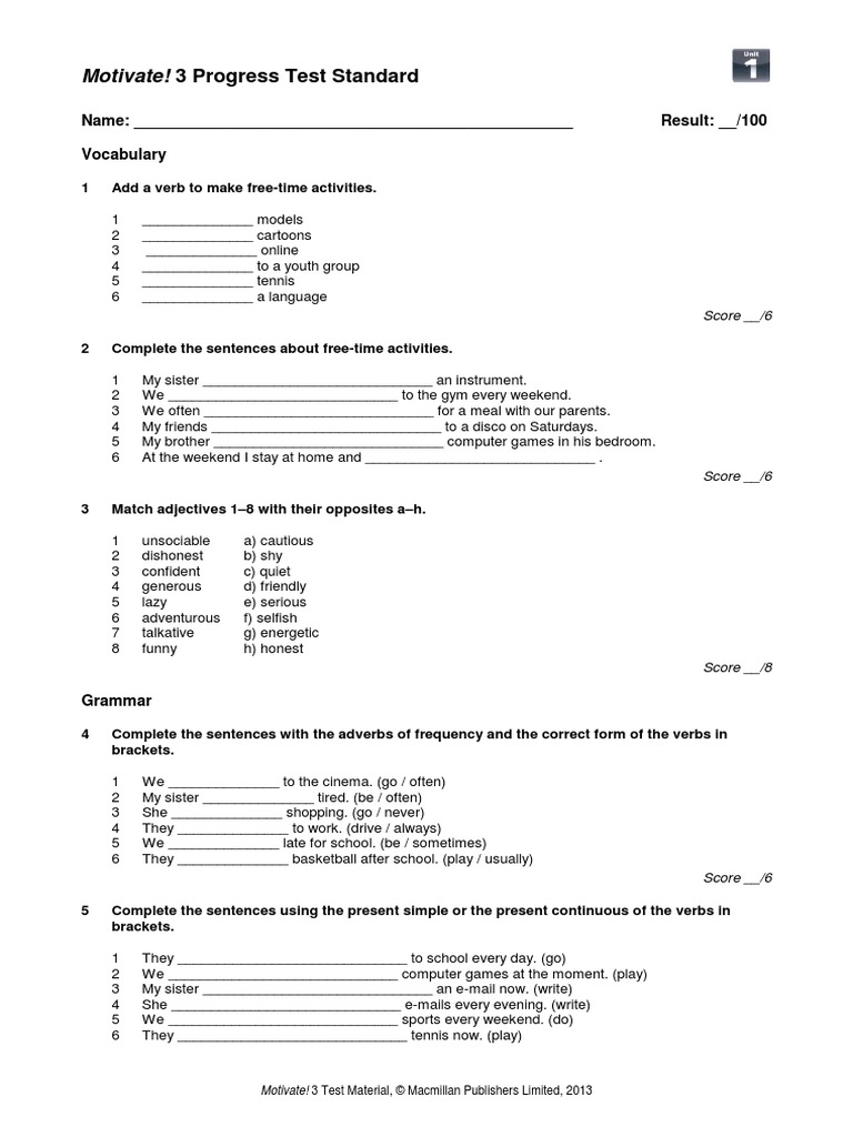 Motivate 3 Test U1 Standard | PDF | Linguistics | Syntax