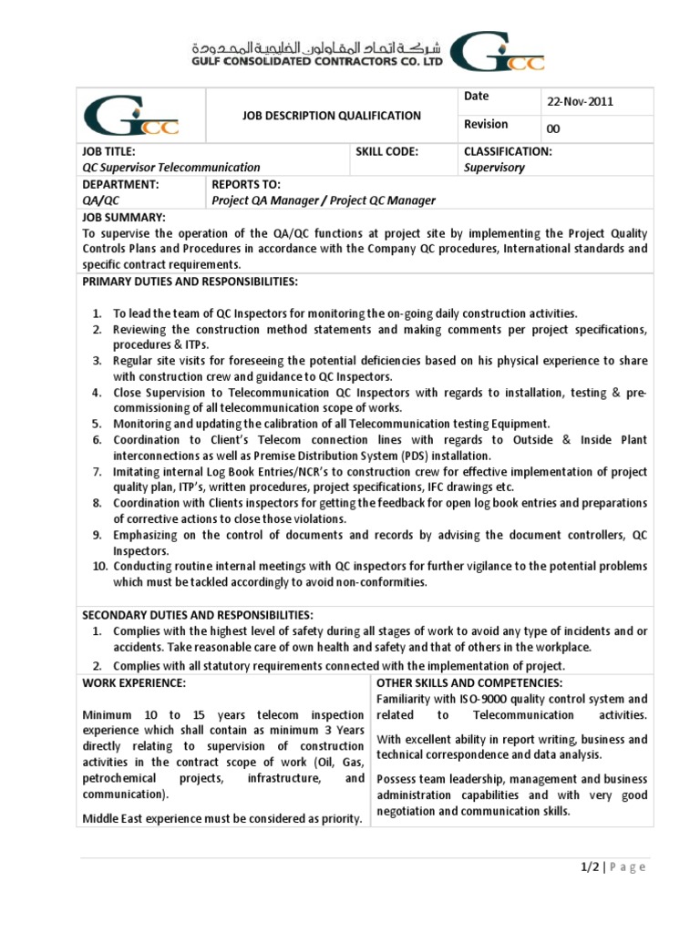QC Supervisor Telecom Role | PDF | Occupational Safety And Health | Labour