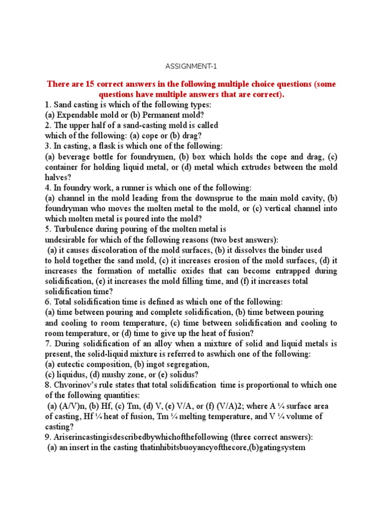 Multiple Choice Casting Questions Solved | PDF | Casting (Metalworking) | Continuum Mechanics