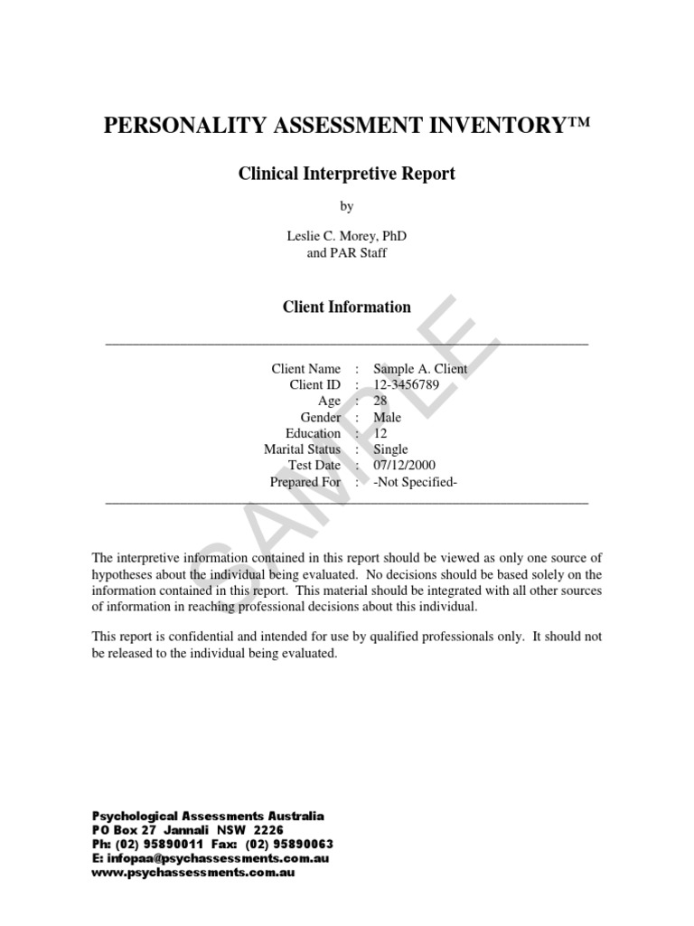 Sample: Personality Assessment Inventory™ | PDF | Substance Abuse ...