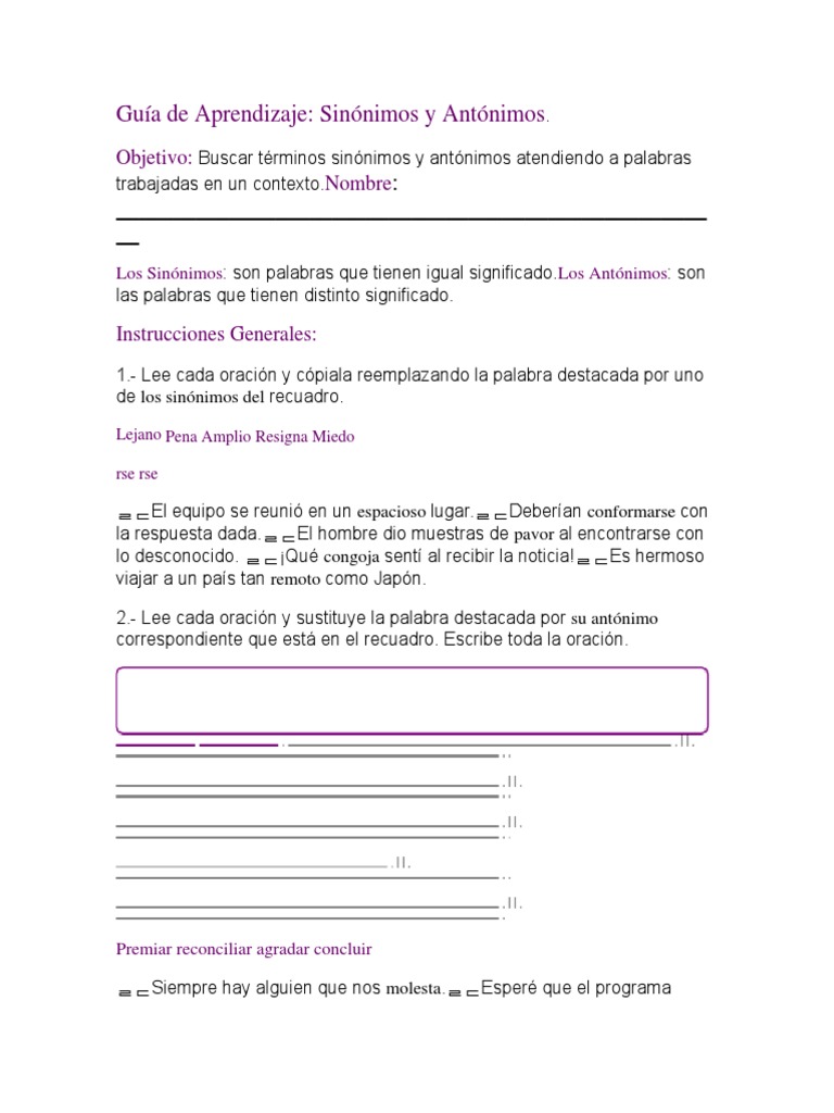 Guía de Aprendizaje Sinonimos y Antonimos | PDF