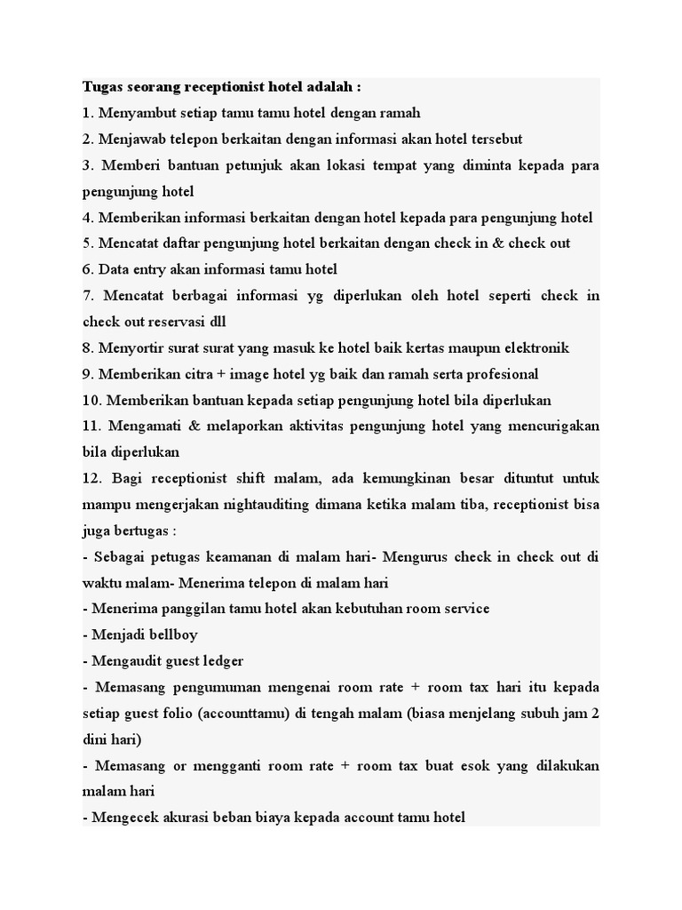 Tugas Seorang Receptionist Hotel Adalah | PDF