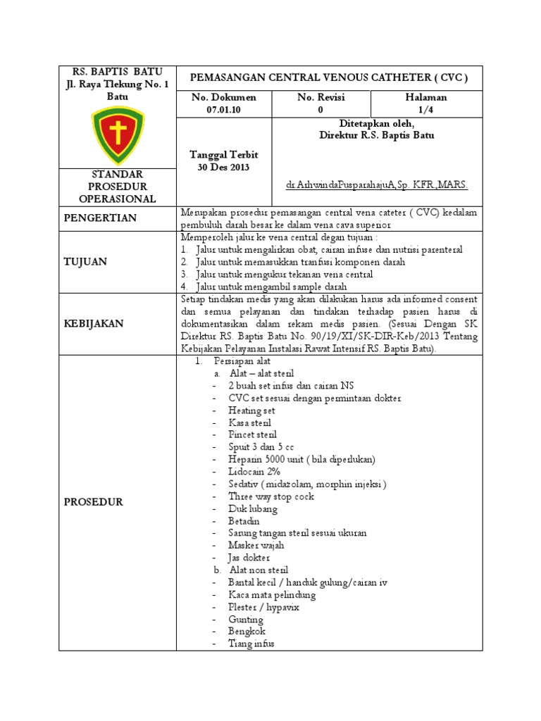 Spo Pemasangan Central Venous Catheter (CVC) (Ba 2014) | PDF
