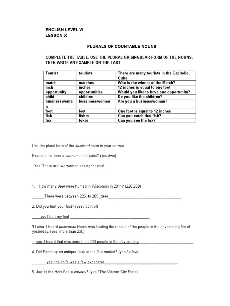 Lesson 5 - Plural Nouns Exercise | PDF