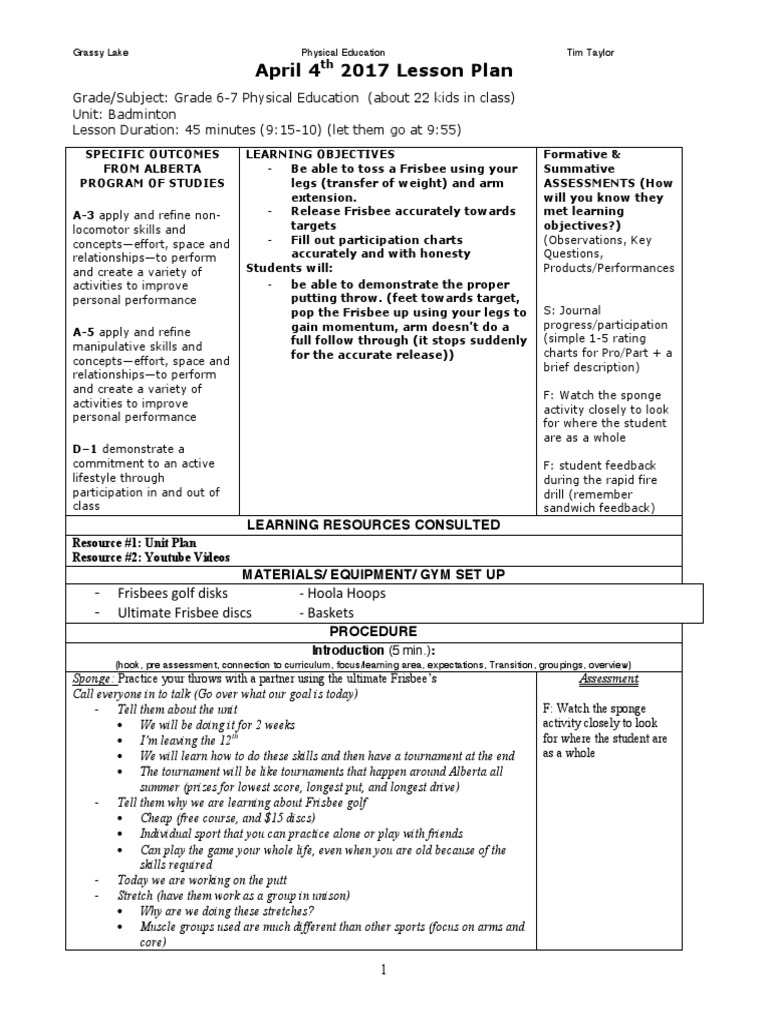 April 4th Frisbee Golf Grade 6-7 Lesson Plan | PDF | Physical Education ...
