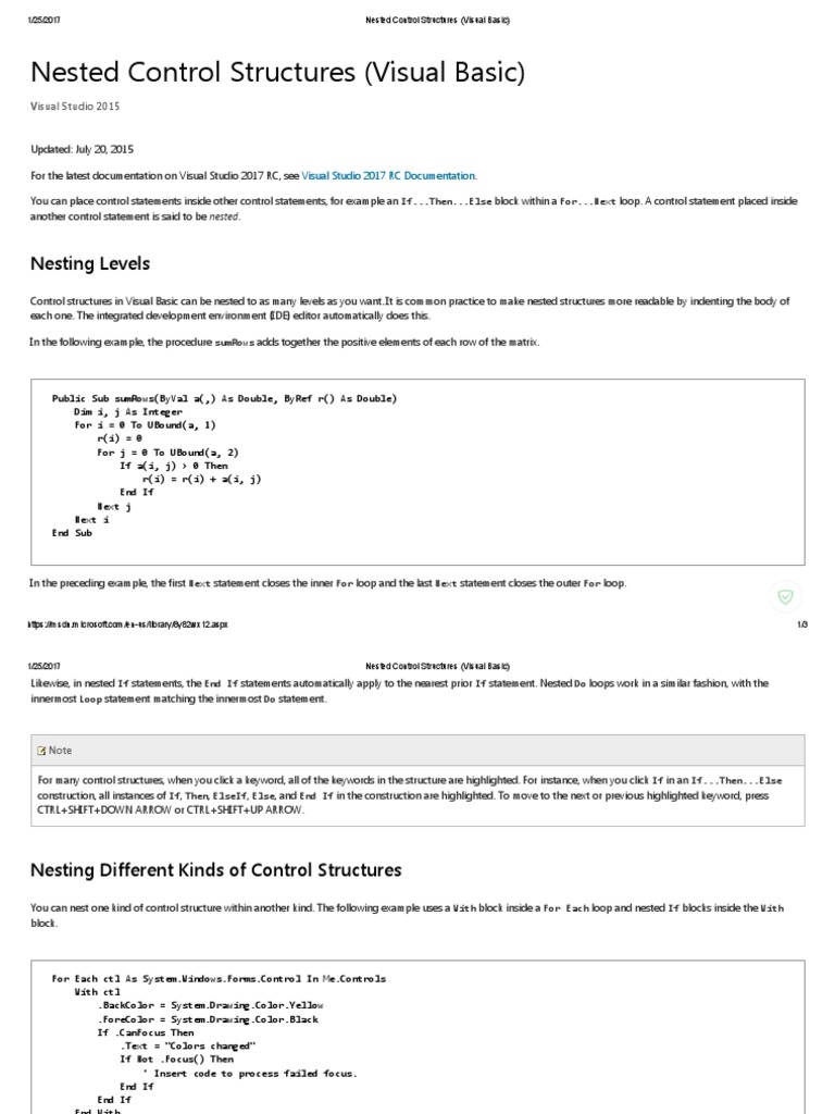 Nested Control Structures (Visual Basic) | PDF | Visual Basic .Net | Control Flow
