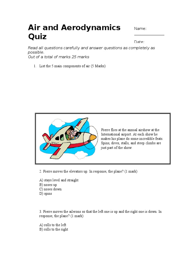 Air and Aerodynamics Quiz | PDF | Airplane | Lift (Force)