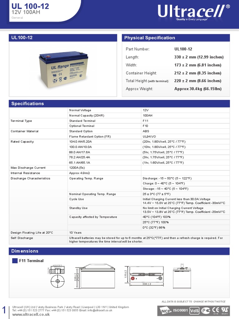 UL100-12 Ultracell | PDF | Quantity | Electricity