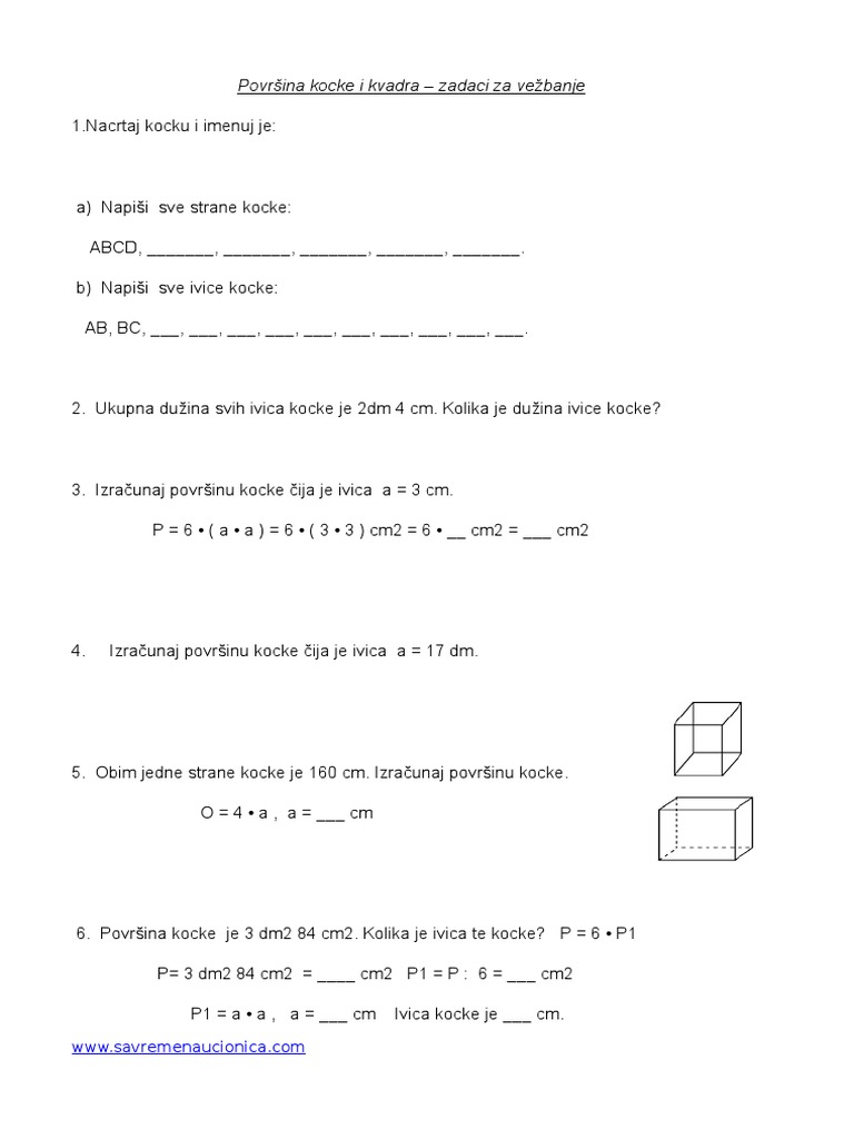 Radni List - Povrsina Kocke I Kvadra | PDF