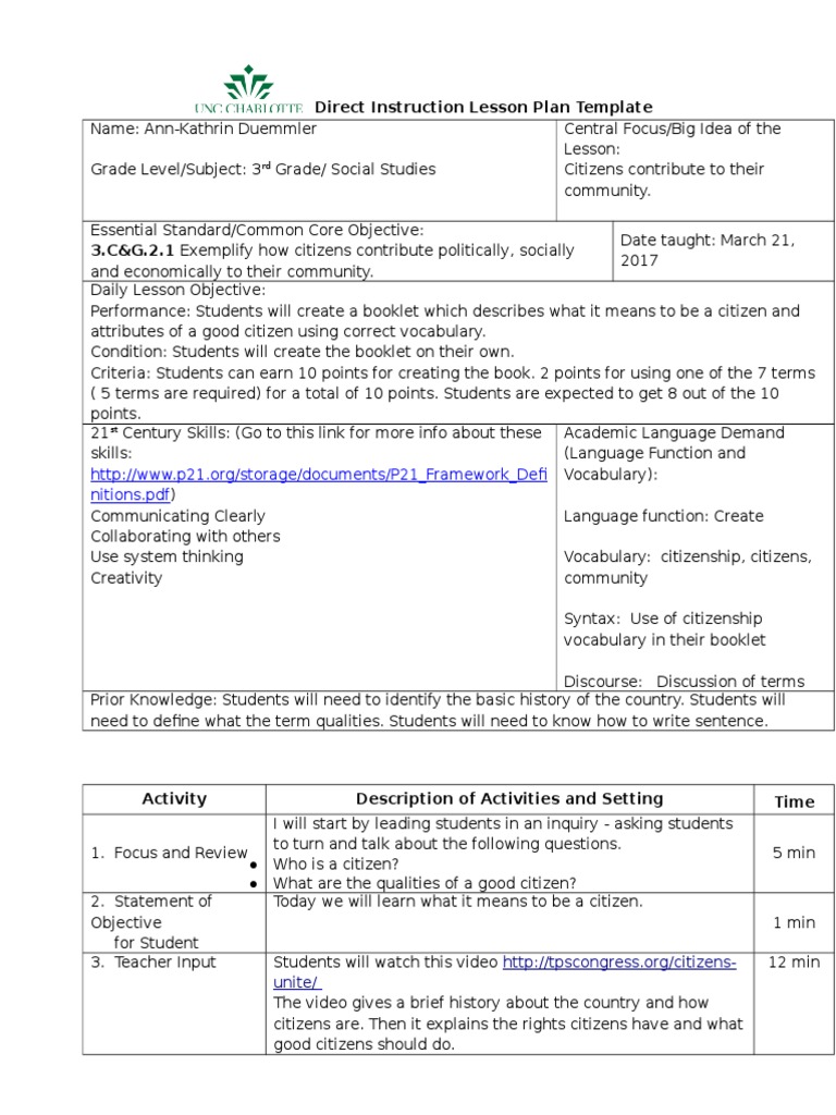 3rd Grade Citizenship Lesson Plan | PDF | Citizenship | Lesson Plan