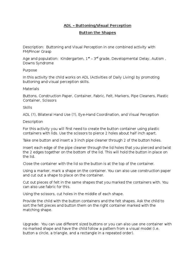 ADL Visual Perception Buttoning The Shapes | PDF