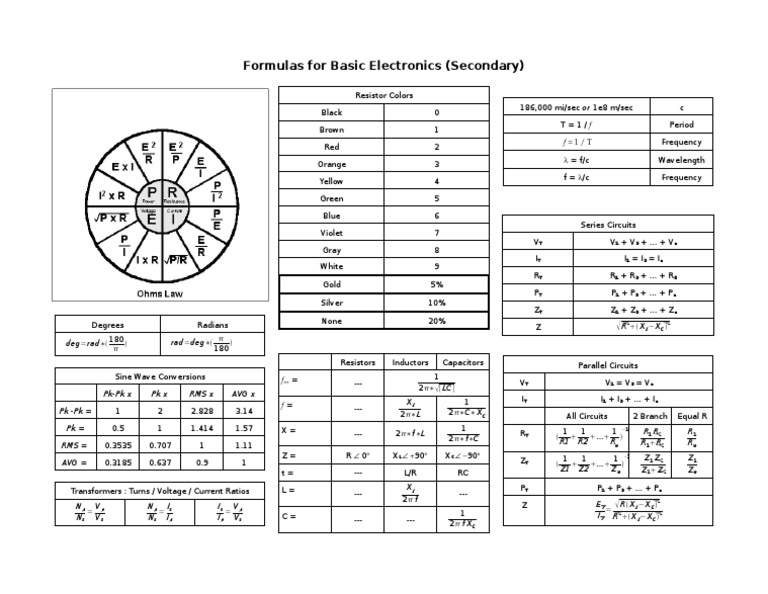 112 Basic Electronics Formula Sheet Series And Parallel Circuits Electronic Engineering