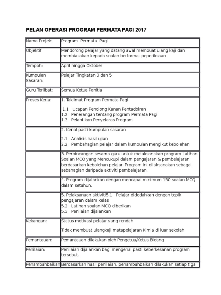 Pelan Operasi Program Permata Pagi | PDF