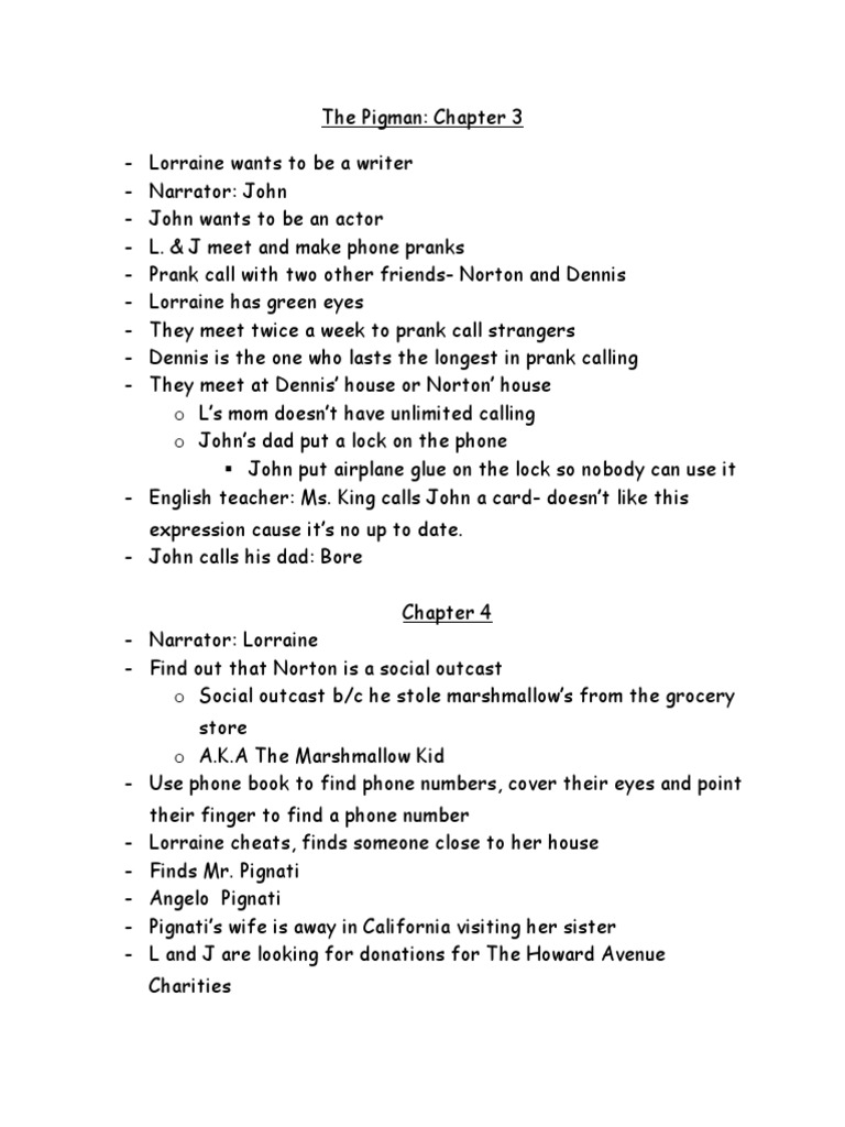 The Pigman Chapter 3 4 Notes | PDF