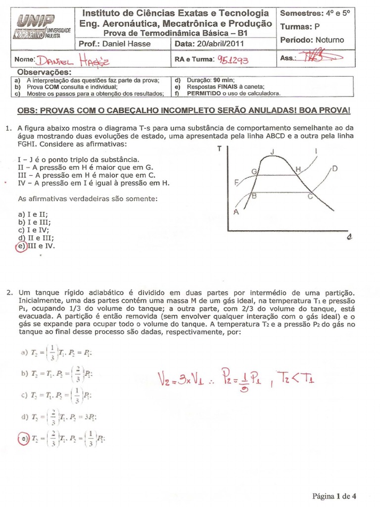 Exemplo de Prova 1 Etapa PDF | PDF | Vapor | Pressão