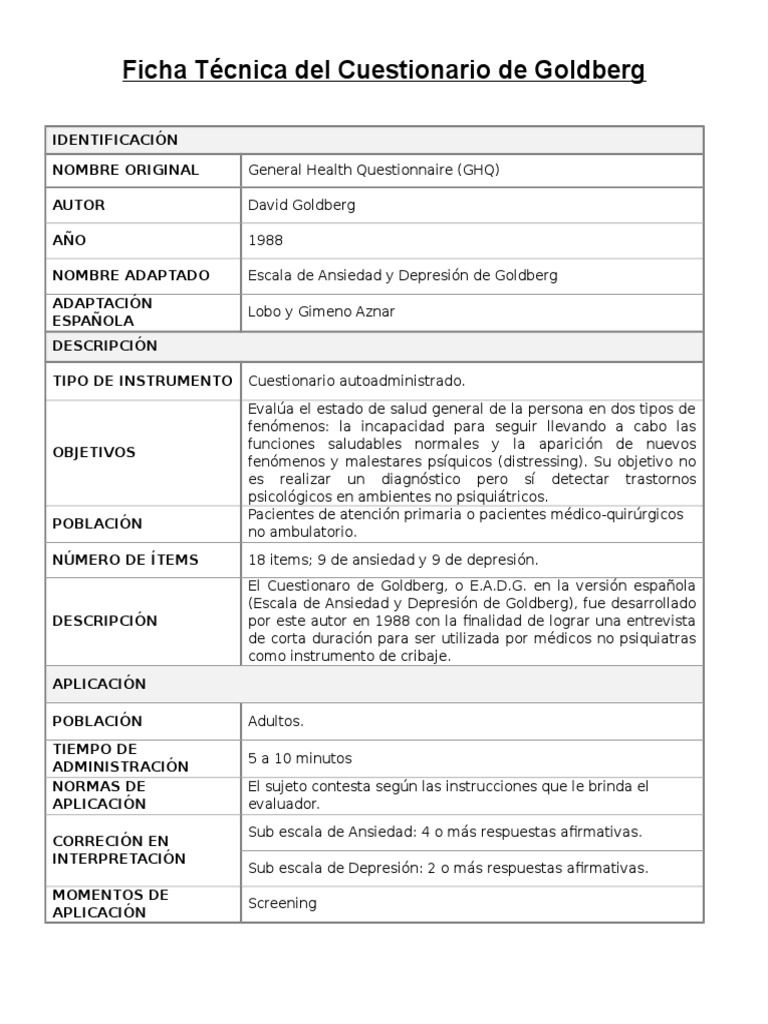 Ficha Técnica Del Cuestionario de Goldberg | PDF