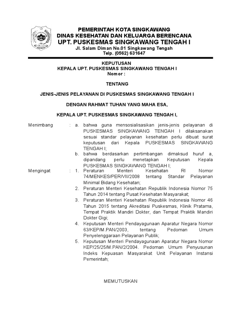 SK Jenis-Jenis Pelayanan Di Puskesmas Singkawang Tengah I | PDF | Pengembangan Diri | Sains ...