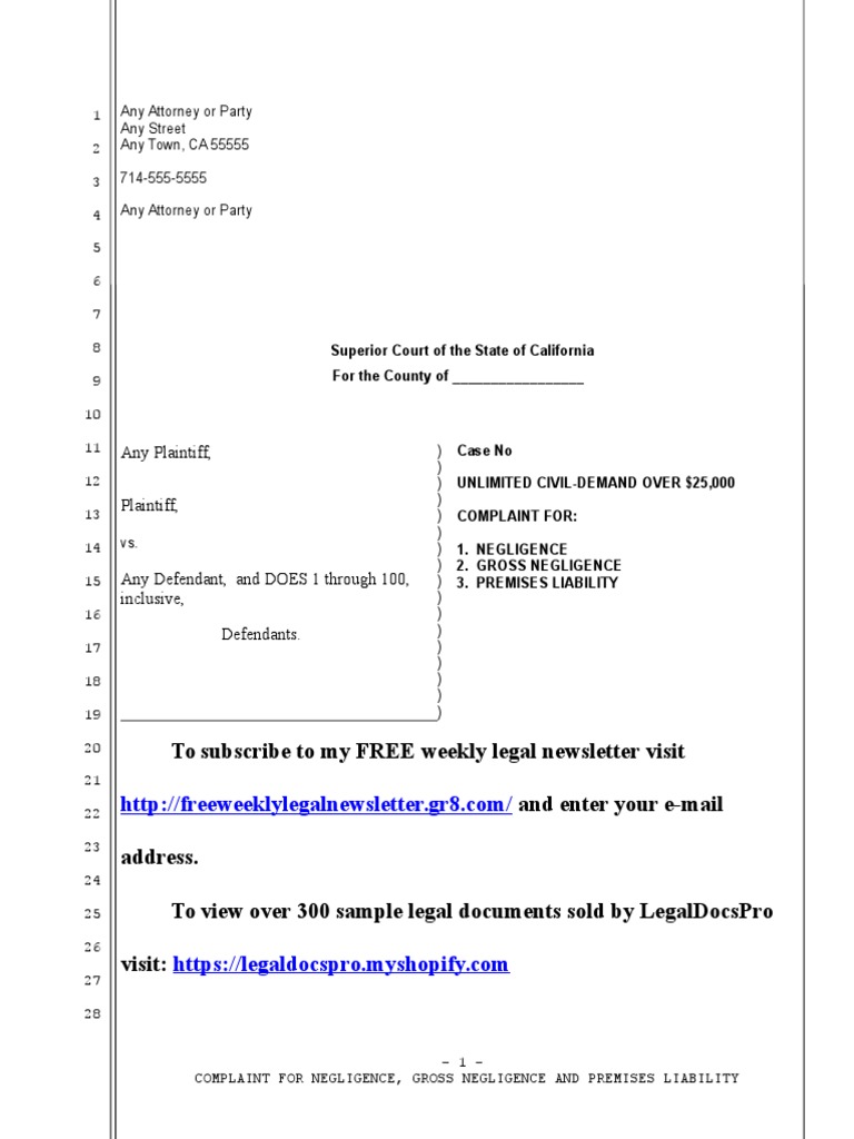 Sample Complaint for Gross Negligence in California | Negligence ...
