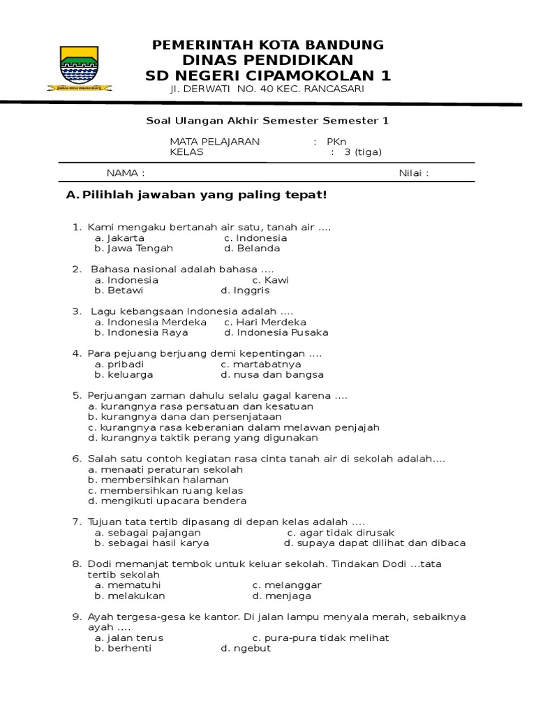 Soal Uas PKN Kelas 3 Semester 1 | PDF