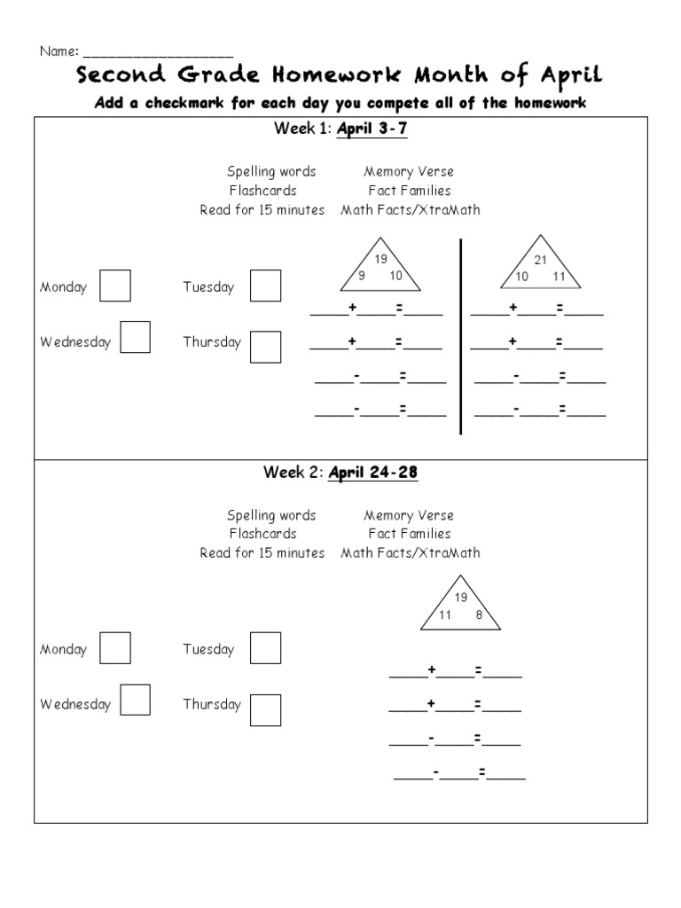 Second Grade Homework Month of April: Add A Checkmark For Each Day You ...