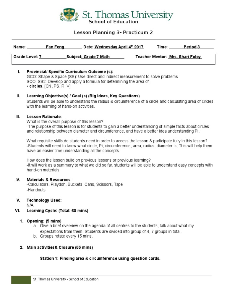 Lesson Plan 3 Practicum 2 | PDF | Pi | Lesson Plan
