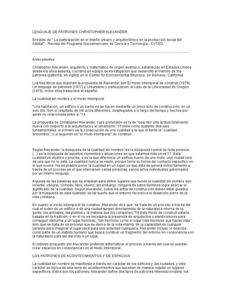 Lenguaje de Patrones de Alexander | PDF | Espacio | Ciencia cognitiva