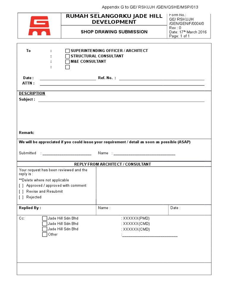 Appendix G - Shop Drawing Submission Form | PDF