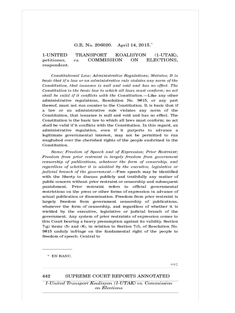 1-Utak v. Comelec | PDF | Prior Restraint | Freedom Of Speech