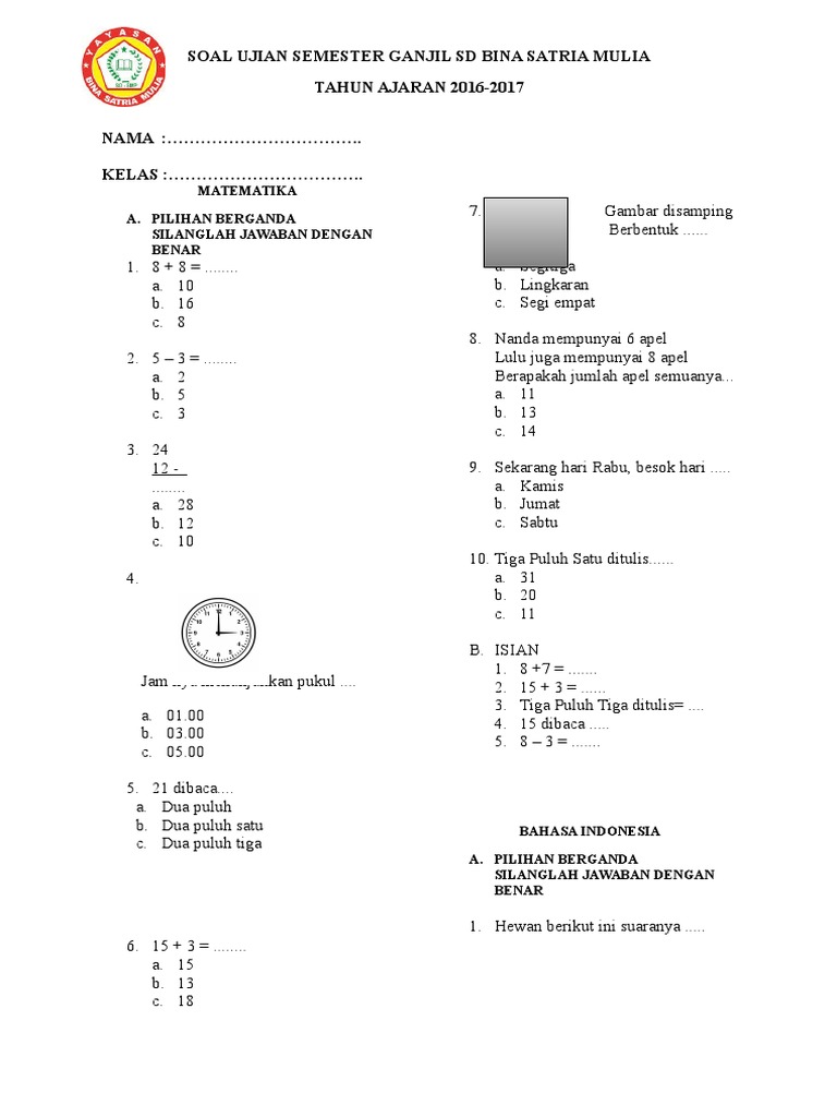 Soal Ujian Semester Ganjil Kelas 1 | PDF