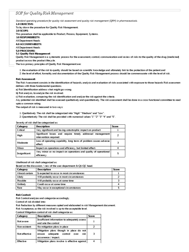 SOP For Quality Risk Management - Pharmaceutical Guidelines | PDF ...