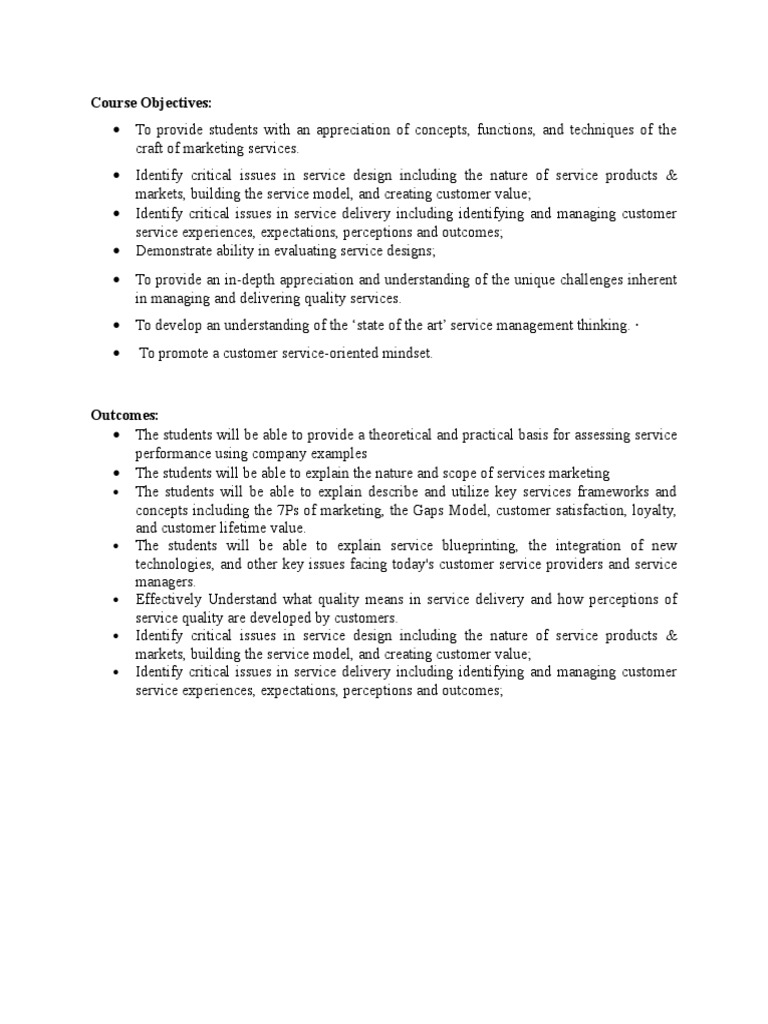 Marketing Services Course Objectives and Outcomes | PDF