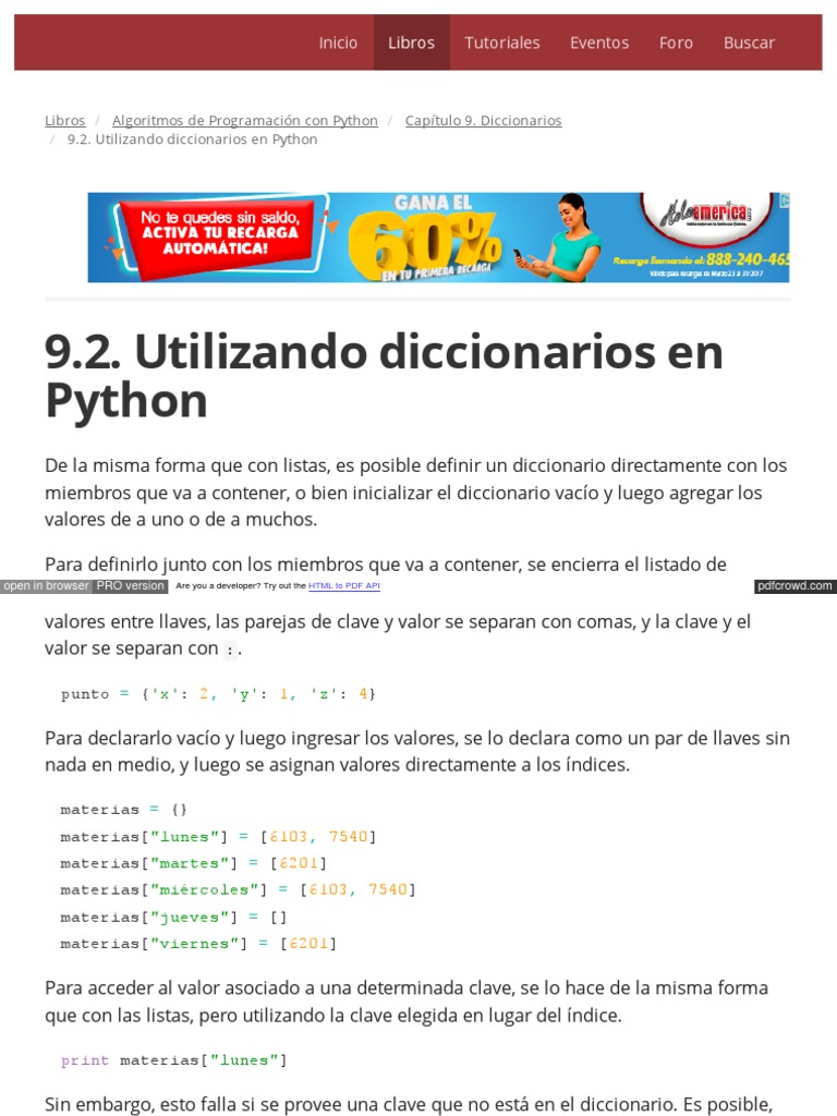 9.2. Utilizando Diccionarios en Python | PDF | Python (lenguaje de programación) | Algoritmos