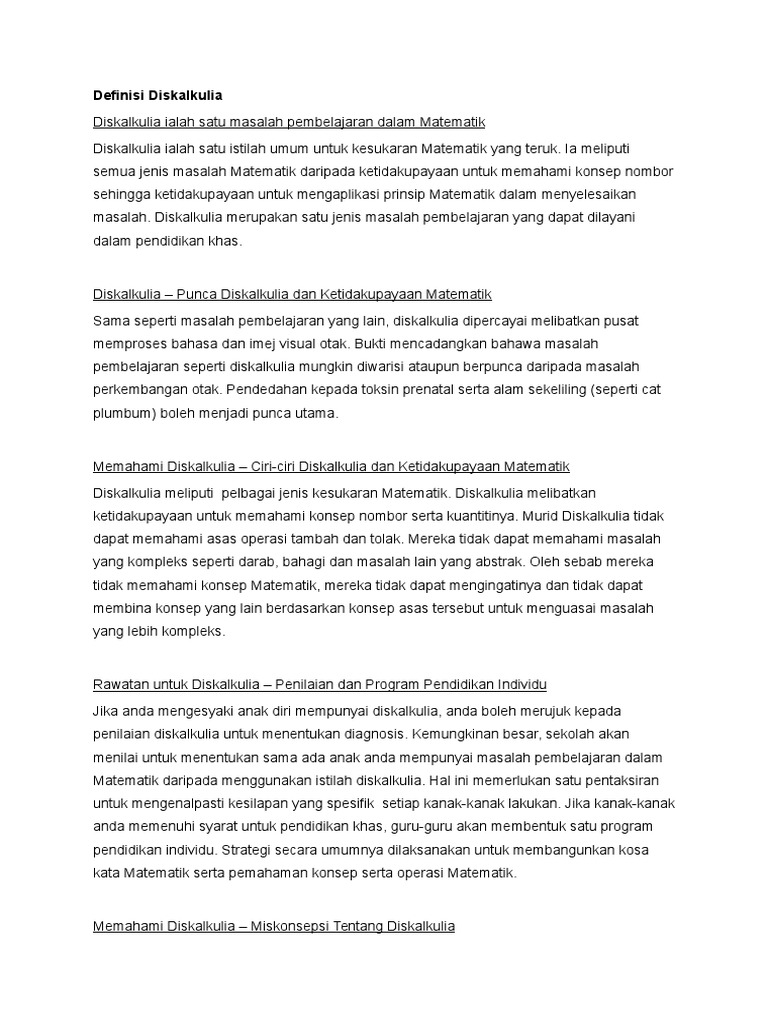Memahami Diskalkulia: Gejala dan Solusi | PDF