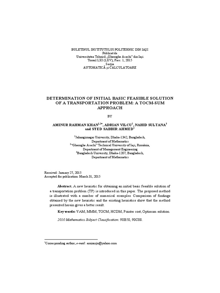 Determining an Optimal Initial Feasible Solution to Transportation Problems using a New TOCM-SUM ...