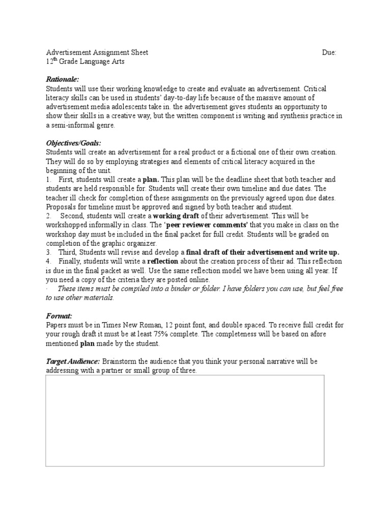 12th Grade Advertisement Assignment Guide | PDF | Advertising | Learning