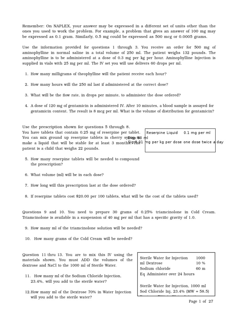 120 Naplex Calculations | PDF | Renal Function | Potassium