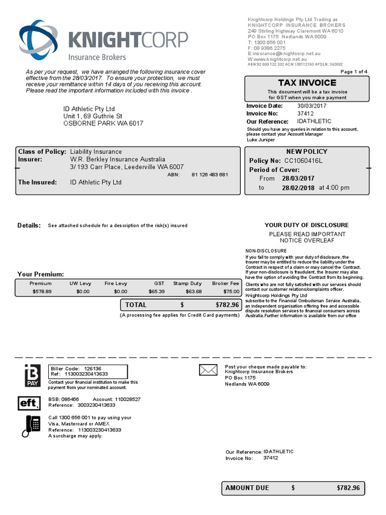 Knightcorp 20170330 Invoice - Idathletic - 37412 | PDF | Liability ...