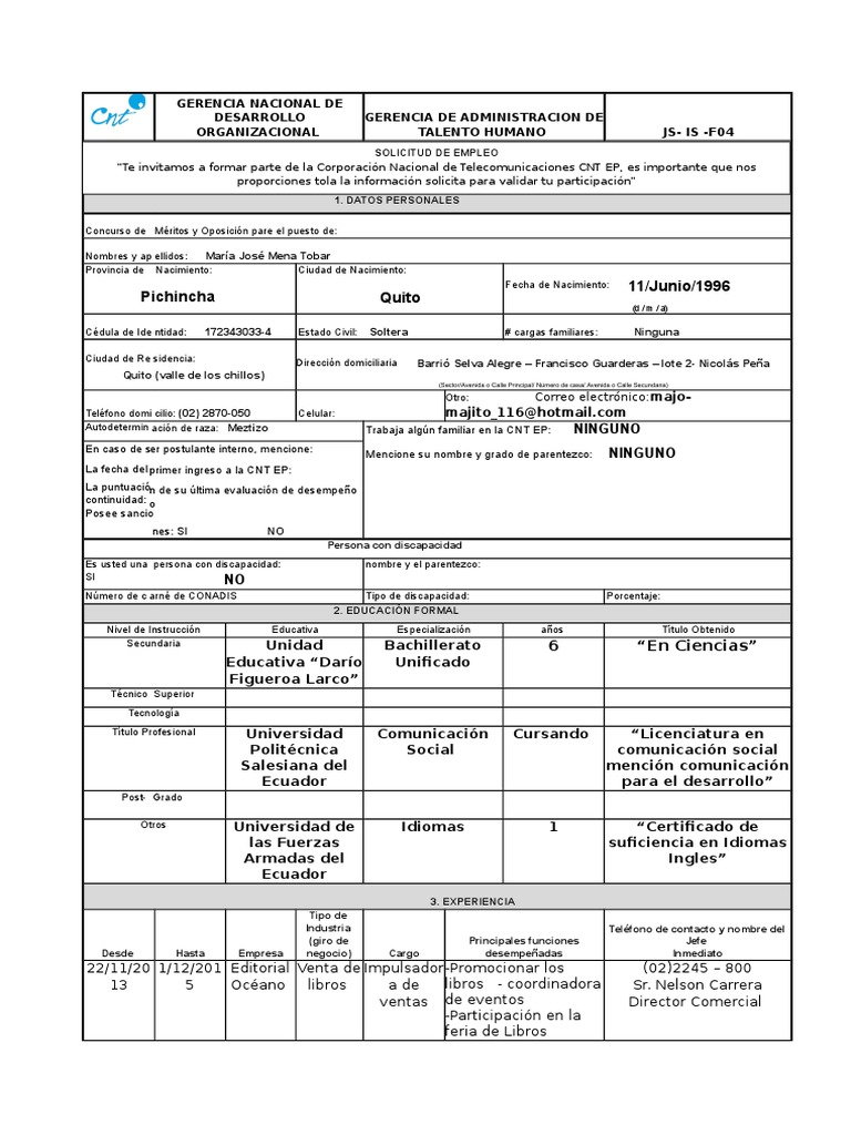 Formulario de Oferta de Trabajo-Hoja1-Cnt | PDF | Educación Secundaria | Ecuador