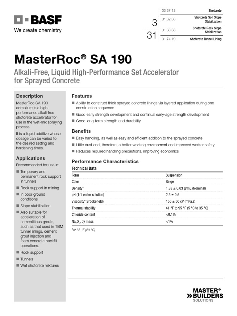 Basf Masterroc Sa 190 Tds | PDF | Concrete | Pump