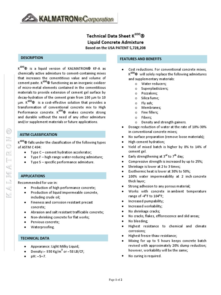 TDS K100 | PDF | Concrete | Cement