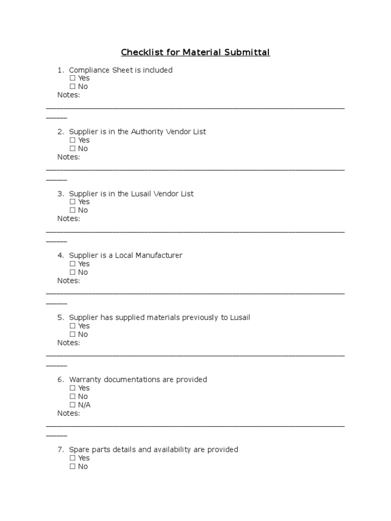 Checklist For Material Submittal | PDF