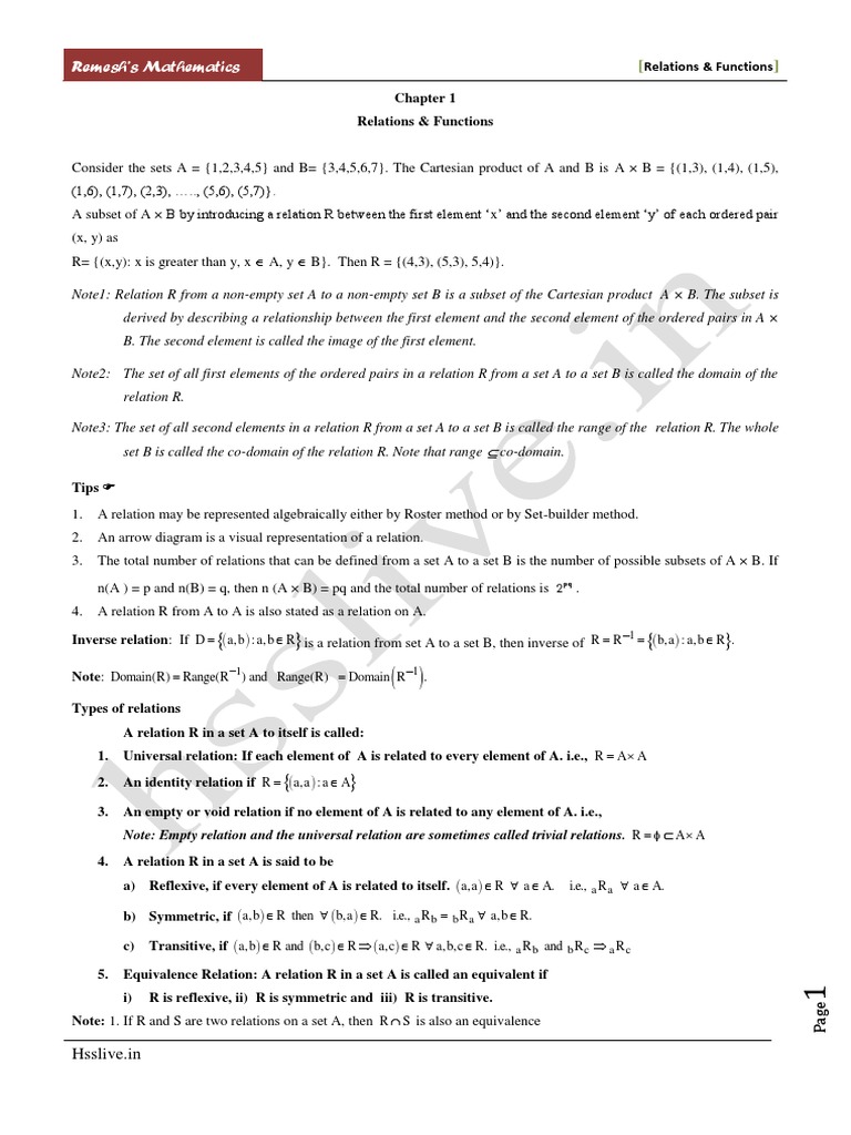 Xii Maths Ch1 Relations Functions Hsslive | PDF | Function (Mathematics) | Abstract Algebra