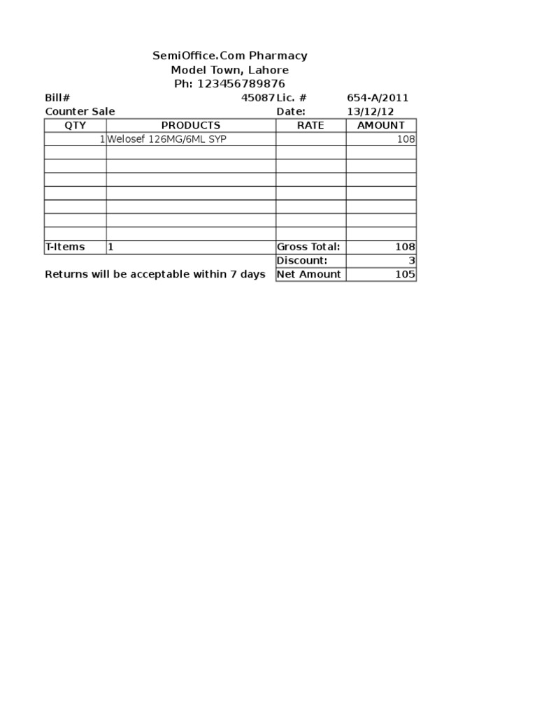 Pharmacy Bill Format in Excel | PDF